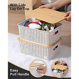 EOENVIVS Plastic Storage Baskets With Bamboo Lid Pantry Organization and Storage Containers Lidded Organizer Bins Small Baskets for Shelves Drawers Desktop Closet Playroom Classroom Office, 3 Pack
