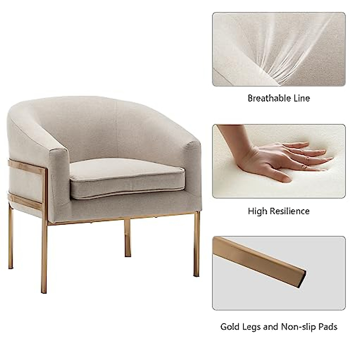 Aklaus Barrel Chairs Modern Arm Chair with Gold Metal Legs Upholstered Reading Accent Chair Club Chair with Removable Seat Cozy Sigle Sofa Chair Round Armchair for Living Guset Room Bedroom