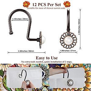 Oil Rubbed Bronze Shower Curtain Hooks, Decorative Sunflower Shower Curtain Rings for Bathroom Shower Curtain Rods and Liner,Metal Shower Hooks, Floral Pearl Shower Rings for Curtain Set of 12