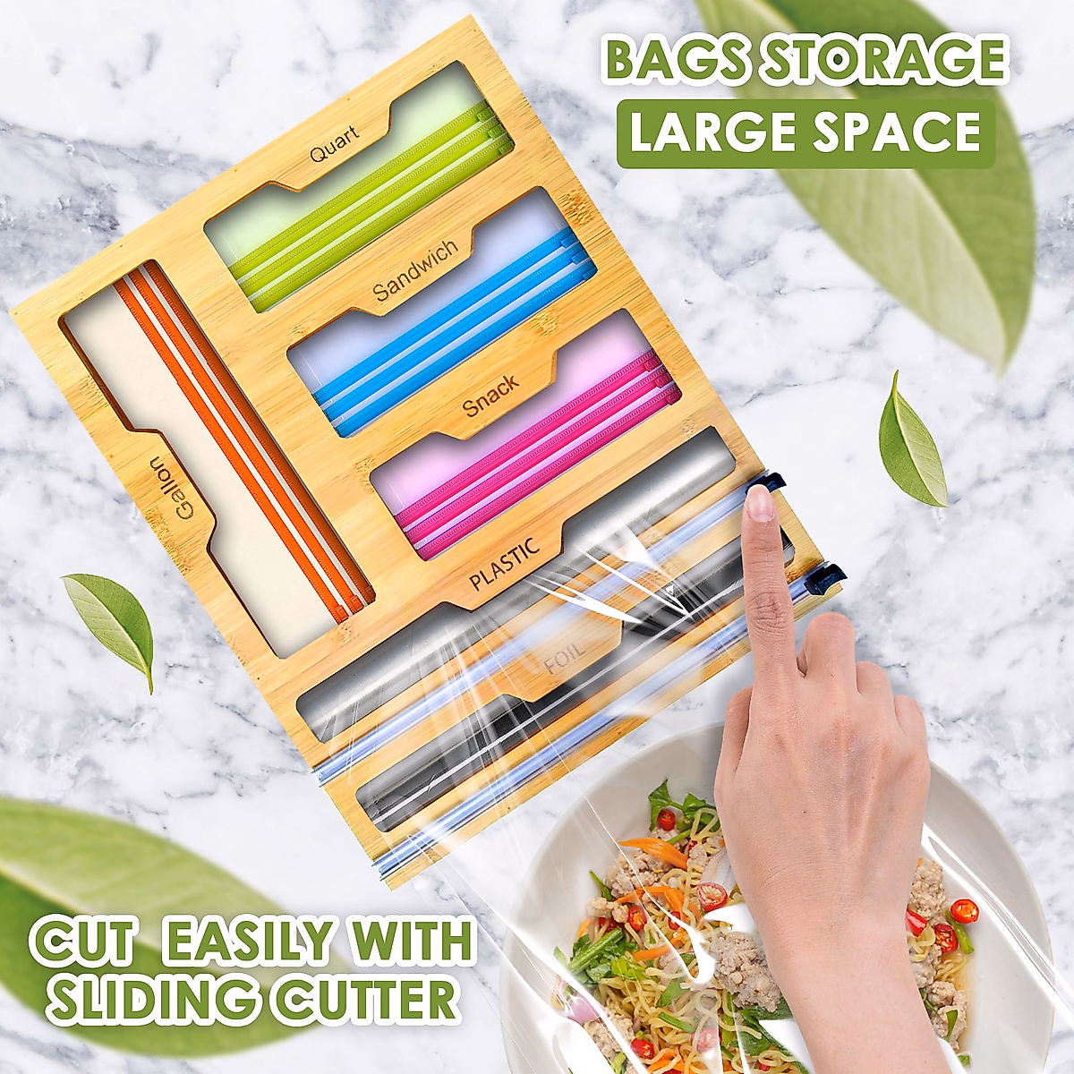 SERHINA Storage Bag Organizer for Kitchen Drawer - Foil and Plastic Wrap Organizer with Cutter - Plastic Bag Organizer - Food Baggie Storage for Sandwich Snack Gallon Quart