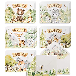 VNS Creations 50 Woodland Animal Thank You Cards, Bulk Forest & Mountain Creatures Thank You Notes w/Matching Lined Envelopes & Stickers, 4 x 6 in.