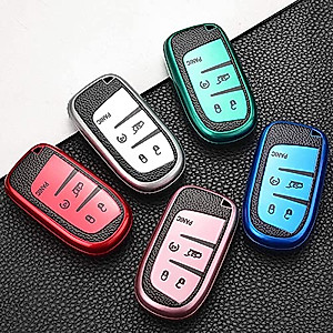 2PCS SNUGFIT Key Fob Cover for JEEP & Dodge | Grand Cherokee, Renegade, Charger, Challenger, Dart, Durango, Journey Chrysler 300 keyfob (Push Button Start Models) (2PCS LEATHER TPU)