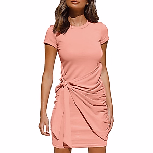 LILLUSORY Womens Casual Short Sleeve T Shirt Dress 2025 Summer Bodycon Wrap Ruched Mini Night Out Sundress Pink M