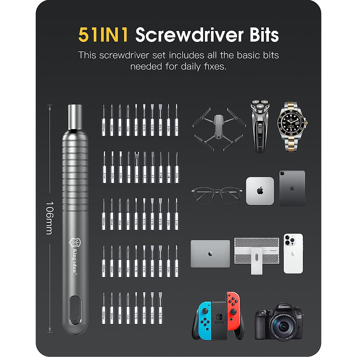 Kingsdun 51 in 1 Precision Screwdriver Set, Portable Screwdriver Set with 48 Magnetic Bits Torx Hex Screwdriver for iPhone, Laptop, PC, Watch, Glasses