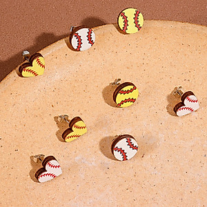 4 Pairs Baseball Earrings for Women Cute Football Earrings Wooden Baseball Stud Earrings Jewelry Fashion Ball Earrings for Womens（Set A）