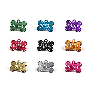 Custom Engraved Pet ID Tags with Swarovski Crystal - 1.5" Long x 1" Tall, Anodized Aluminum, Bone Shape, Pink
