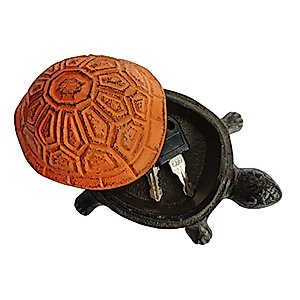 BSTGIFTS Cast Iron Turtle Key Hider - Spare Key Holder - Garden Decoration Turtle, Jewelry Trinkets Box for Key, Ear Studs, Ring, Paper Clip (Orange Red)