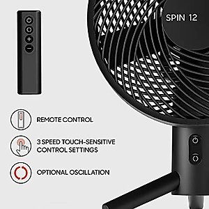 Sharper Image SPIN 12 Oscillating Desktop Fan with 3 Speeds, Small, Black