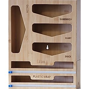 Foil And Plastic Wrap Organizer With Cutter & Ziplock Bag Storage, Baggie Food Holders For Sandwich, Snack Gallon, Quart Bag, Bamboo Aluminum Dispenser Labels, 43*33*7