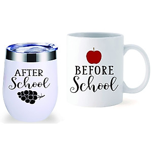 momocici Before School After School 11 oz Coffee Mug & 12 oz Wine Tumbler Set Gifts for Teachers.Teacher Gifts,New Teacher,Teacher Appreciation,Birthday,Thank You Gifts for Teachers(White)