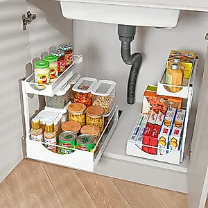 KINGPOUL Under Sink Organizers-2-Tier L-Shape Heavy Duty Metal Smooth Slide Out Pull Out Drawers for Under Cabinet Storage Around Plumbing, Under Kitchen Bathroom Sink Organizers and Storage（White