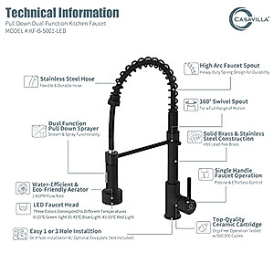 Casavilla Faucet, Black Kitchen Faucet with LED Light, Kitchen Sink Faucets with Pull Down Sprayer, Dual Function Spray Head, Farmhouse Stainless Steel Single Handle Kitchen Faucets