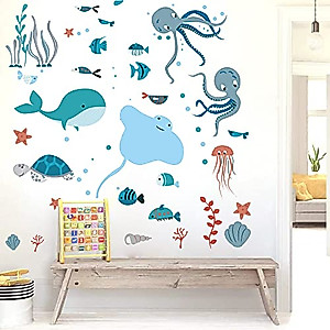 Ocean Fish Wall Decals Under The Sea Wall Decals Stickers with Whale Octopus Stingray Sea Stars Turtle Shells and Sea Kelps for Kids Room Daycare Classroom Playroom