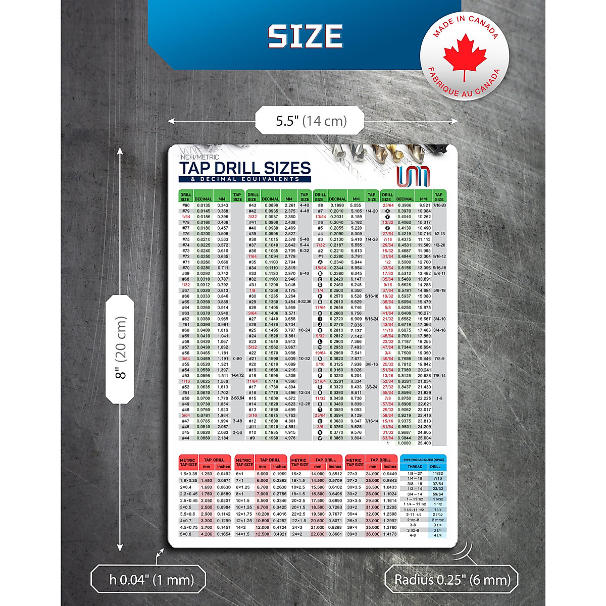 Useful Magnets Tap Drill Recommendations Chart | Decimals Equivalents Flexible Magnetic Drill Poster | Fractional & Metric Sizes Wall Art Hanging for CNC Shop | Garage, Toolbox, Green, 5.5" x 8"