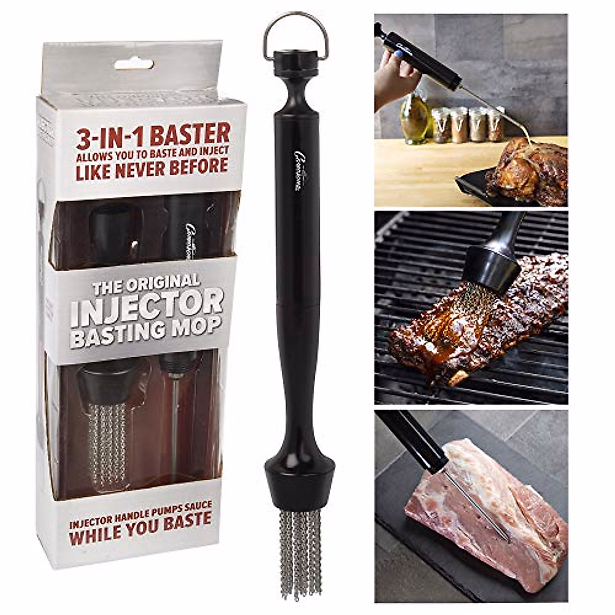 3-in-1 Barbecue Injector Basting Mop - Includes BBQ Chain Basting Brush & Meat Syringe to Baste, Marinate & Inject Food with Flavor - Grilling Accessory for Indoor Outdoor Use- Father's Day BBQ Gift
