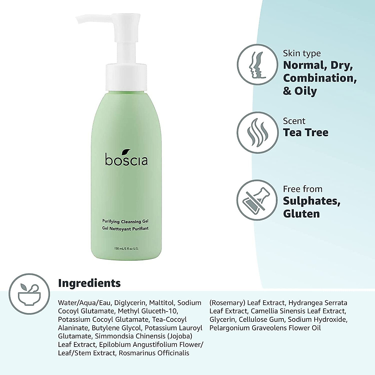 boscia Purifying Cleansing Gel - Vegan, Cruelty-Free, Natural and Clean Skincare | Daily Natural Purifying Deep Cleansing Gel Face Cleanser, 5 fl oz