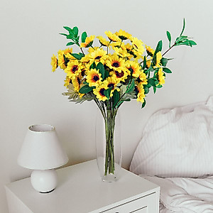 AUNTY 10 Bunches Mini Artificial Silk Sunflowers Fake Sunflowers Bouquet with Long Stems Decorations for Party Indoor Outdoor Home Décor Garden DIY Table Arrangements Decoration