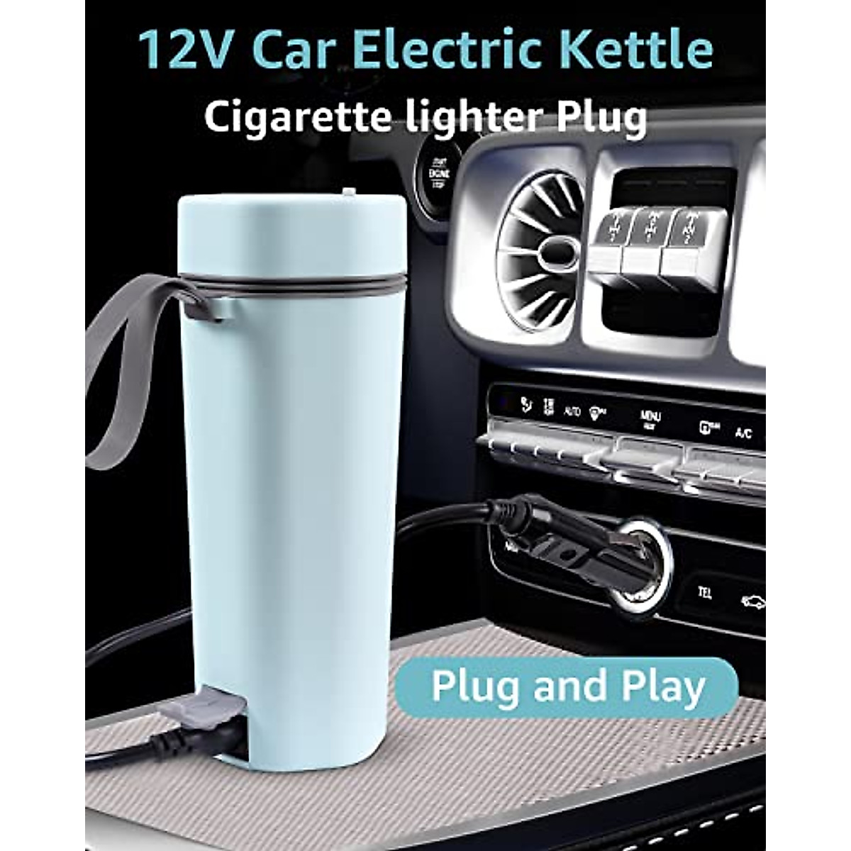 Car Kettle Water Boiler 12V – Portable Electric Kettle Heater Cup for Car – 350ML Stainless Steel Travel Kettle Electric Small Auto Shut-off for Car Camping, Road Trip, Blue