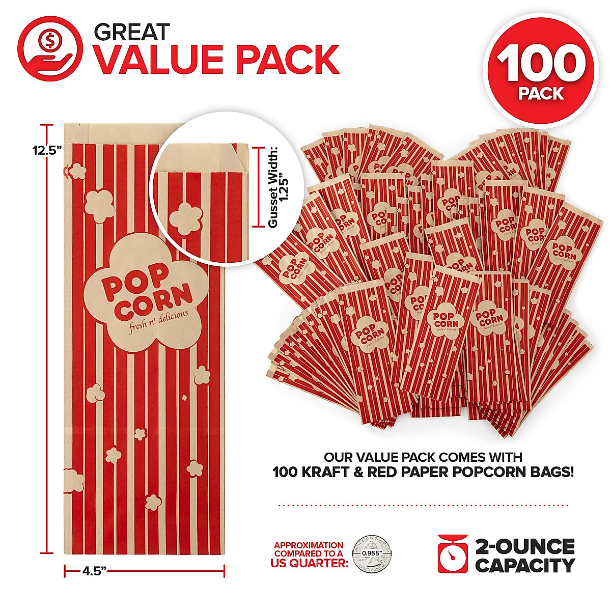 2 oz Paper Popcorn Bags Bulk (100 Pack) Large Kraft & Red Pop-corn Bag Disposable for Carnival Themed Party, Movie Night, Halloween, Popcorn Machine Accessories & Supplies, Individual Servings