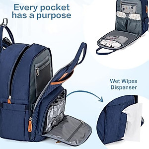 KABAQOO Baby Diaper Bag Backpack for Boys Girls, Multifunction Waterproof Travel Diaper Bag with Portable Changing Pad, Pacifier Case and Stroller Straps, Blue