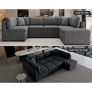 Suheww Pull-Out Sleeper Sectional, 117.3" Modular Sectional Sleeper Sofa with Pull Out Couch Bed, U Shaped Sectional Sleeper Sofa with Pullout for Living Room Grey