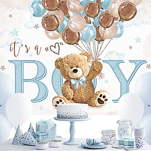 Imirell Boys Bear Baby Shower Backdrop 7Wx5H Feet It's a Boy Lovely Cute Brown Blue Balloons Cartoon Polyester Fabric Kids Newborn Photography Backgrounds Photo Shoot Decor Props Decoration