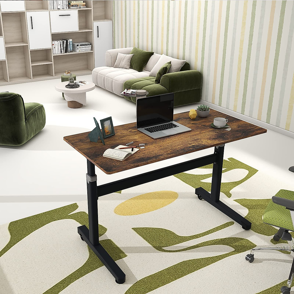 Win Up Time Manual Standing Desk Adjustable Height- Crank Mobile Standing Desk 48 x 24 Inches Sit Stand Desk Frame & Top, Stand Up Desk on Wheels, Computer Desk Black Frame & Rustic Brown