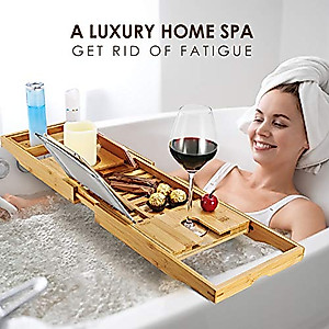 Bathtub Caddy Tray, Bamboo Bath Tray Table Extendable Reading Rack Tablet Phone Holder Wine Glass Holder Shelf Desk Bathroom Spa