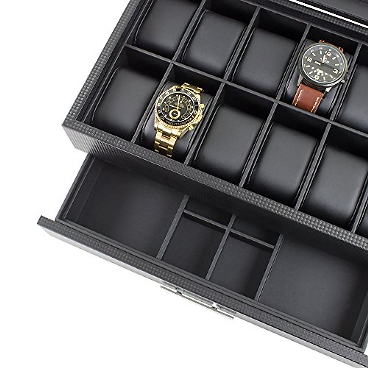 Glenor Co Watch Box with Valet Drawer for Men - 12 Slot Luxury Watch Case Display Organizer, Carbon Fiber Design - Metal Buckle for Mens Jewelry Watches, Men's Storage Boxes Holder has Large Glass Top