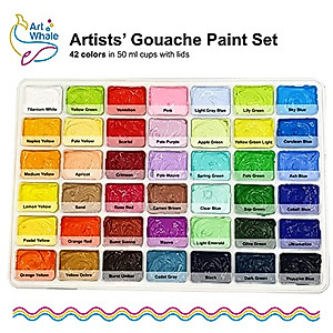 Art Whale Gouache Paint Set 42 Colors 50 ml, 1.7 fl oz Cups With Lids in a Carrying Case Water-Based Paint Set for Painting on Canvas, Paper, Wood - Art Supplies For Adults, Students, and Kids