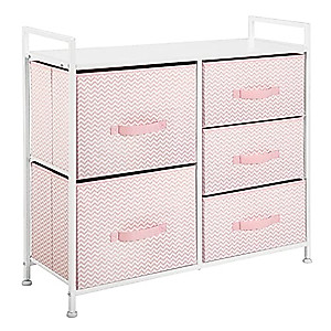 mDesign 30.03" High Steel Frame/Wood Top Storage Dresser Furniture Unit with 5 Removable Fabric Drawers - Tall Bureau Organizer for Bedroom, Living Room, Closet - Spira Collection - Pink/White