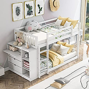 Harper & Bright Designs Twin Over Twin Bunk Bed with Storage Shelves, Kids Low Bunk Bed Frame with Bookcase, Floor Bunk Bed for Toddlers, Kids, Teens (New, White)