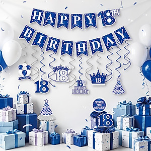 Vicycaty PRE-STRUNG 18th Birthday Decorations for Men, Happy 18th Birthday Banner Hanging Swirls Honeycomb Centerpieces Tabletop Blue, 18 Years Old Birthday Party Photo Booth Backdrop Decor Supplies