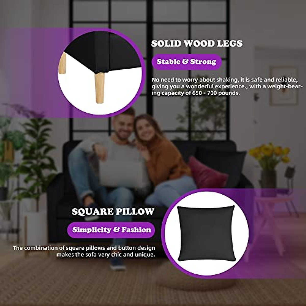 TYBOATLE 66" W Faux Leather Loveseat Sofa w/ 2 USB Charging Ports and Pillow, Mid-Century Modern Couch Love Seats, Living Room Accent Sofas Couches for Small Spaces, Apartment, Bedroom, Dorm (Black)