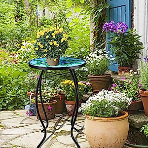 VCUTEKA Patio Side Table Outdoor Coffee Table Mosaic Accent Table Round Small End Table Bistro for Living Room Porch Balcony Backyard Garden Peacock Feather