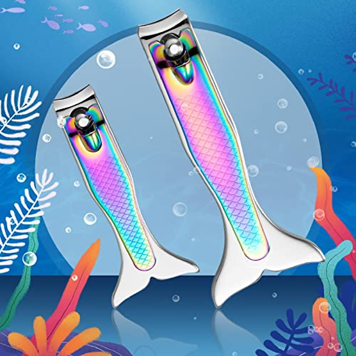 2Pcs Mermaid Nail Clipper Set, Fishtail Design Comfortable Grip Stainless Steel Easy to Use Fingernail Scissors Cutter for Home Use, Christmas Birthday Stocking Stuffers (Multicolor)