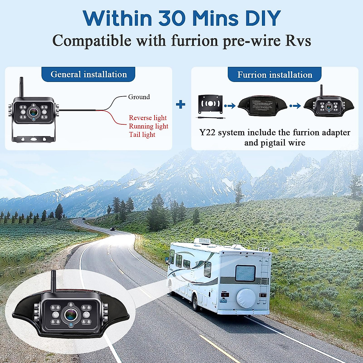 Yakry RV Backup Camera Wireless System - 7'' HD Reverse Camera for Truck with DVR Monitor -Bluetooth Trailer Back up Camera with Night Vision Waterproof -Rear View Camera for Furrion Pre-Wired RVs Y22