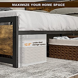 IKIFLY Industrial Metal King Size Bed Frame/Farmhouse Metal Platform Bed with Wooden Headboard Footboard/Heavy Duty Steel Slats Support/No Box Spring Need, Easy Assembly（King, Rustic Brown）