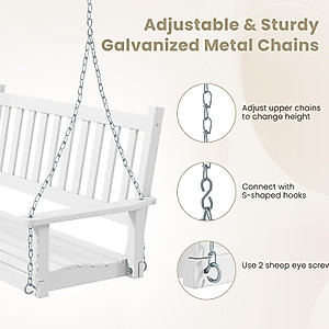 HAPPYGRILL Wooden Outdoor Porch Swing for 3, Heavy Duty Patio Hanging Bench Chair with 800 LBS Weight Capacity, 5.6 FT Adjustable Upper Chains, Slatted Back, Swing Bench for Garden, Backyard