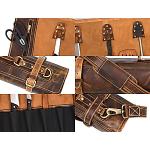 Aaron Leather Goods Vendimia Estilo Leather Knife Roll Storage Bag, Elastic and Expandable 10 Pockets, Adjustable/Detachable Shoulder Strap, Travel-Friendly Chef Knife Case Roll (Caramel, Leather)