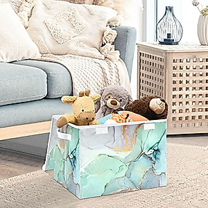 Kigai Abstract Marble Print Aqua Storage Basket with Lid Collapsible Storage Bin Fabric Box Closet Organizer for Home Bedroom Office 1 Pack