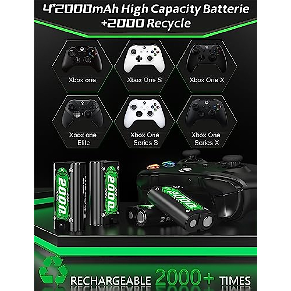 Rechargeable Battery Pack for Xbox One Controller, 4 x 2000mAh Xbox One Rechargeable Battery Pack Charger, Compatible with Xbox One/S/X/Elite/Series X|S Controllers