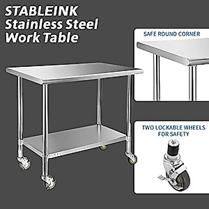 STABLEINK Stainless Steel Table with Caster Wheels 36 x 24 Inches, NSF Commercial Prep & Work Table with Adjustable Undershelf and Table Foot, for Commercial Kitchen, Restaurant, Hotel and Garage