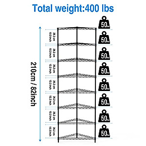 pouseayar 8-Tier NSF Metal Corner Shelf Wire Shelving Unit - 400lbs Capacity, Adjustable, with Leveling feet - Ideal for Garage, Kitchen, and More - 20" L x 20" D x 82" H - Triangle-Shape - Black