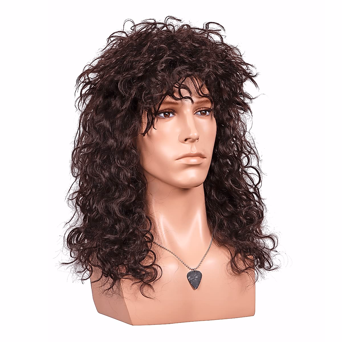 FantaLook 70 80s Long Curly Dark Brown Cosplay Wig with Necklace and Mater Bracelet for Halloween