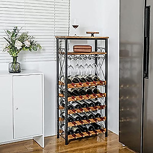 Floor Wine Rack 25 Bottles with Wine Glass Holder Rack, Freestanding Wine Rack with Table Top and Open Shelf, Wobble-Free Wine Bottle Organizer Shelf, Wine Display Storage Stand for Kitchen Pantry Bar
