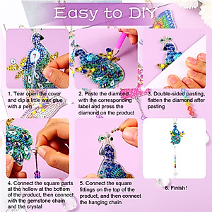 Queekay 4 Pieces Diamond Art Sun Catcher DIY Wind Chime Kit Hanging Double Sided Hummingbird Butterfly Cat Peacock Shape Crystal Number Ornament for Adults Kids Home Garden Decoration