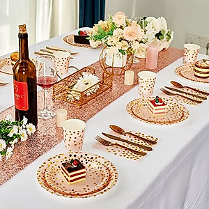 Pink and Gold Party Supplies – 175 Disposable Dinnerware Set Gold Dots on Pink Paper Plates Cups and Napkins, Gold Plastic Knives Spoons Forks for Baby Shower Wedding Party Bridal Shower