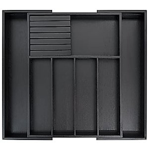 VaeFae Bamboo Silverware Drawer Organizer Kitchen, Expandable Utensil Holder and Cutlery Tray with Divider | 13"-21.6" Flatware Storage and Removable Knife Block (Black)