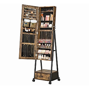 SONGMICS Jewelry Cabinet Floor Standing, Lockable Jewelry Organizer with High Full-Length Mirror, Bottom Drawer, Shelf, Wheels, Jewelry Armoire, Gift Idea, Rustic Brown and Black UJJC004X01
